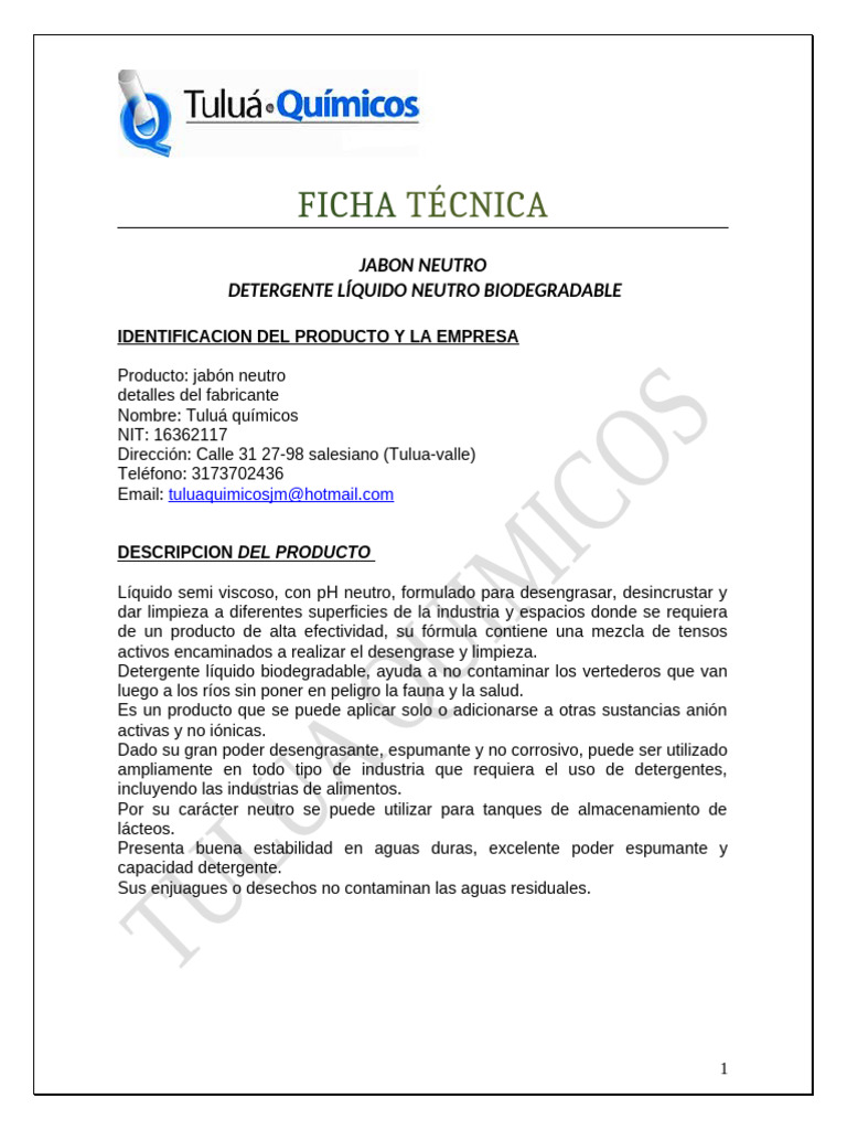 Jabon Neutro Industrialtql Ficha Tecnica y Hoja de Seguridad | PDF | Detergente | Agua