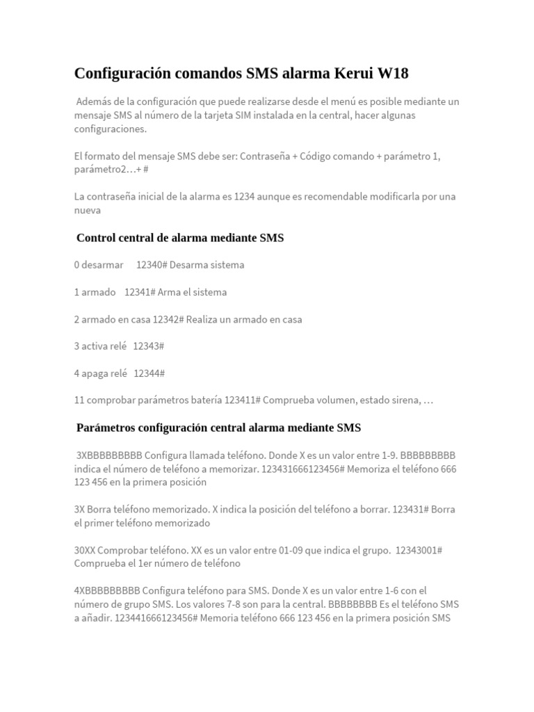 Configuración Comandos SMS Alarma Kerui W18 | PDF