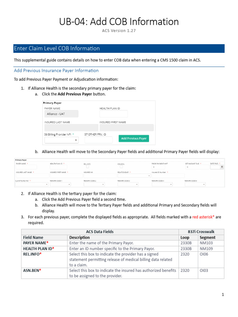 COB Entry for UB-04 Claims | PDF | Payments