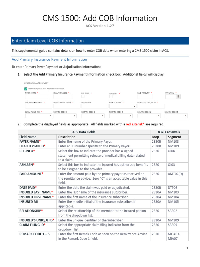CMS 1500 COB Data Entry Guide | PDF | Payments