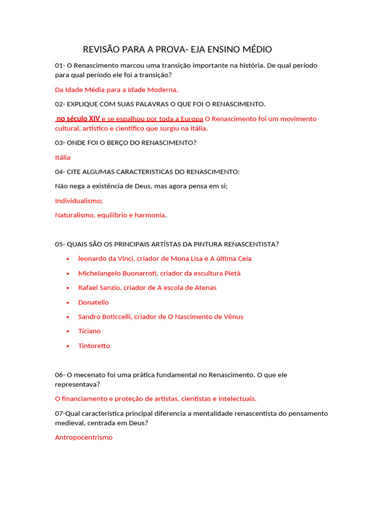 Revisão para Prova Eja Ensino Médio | PDF