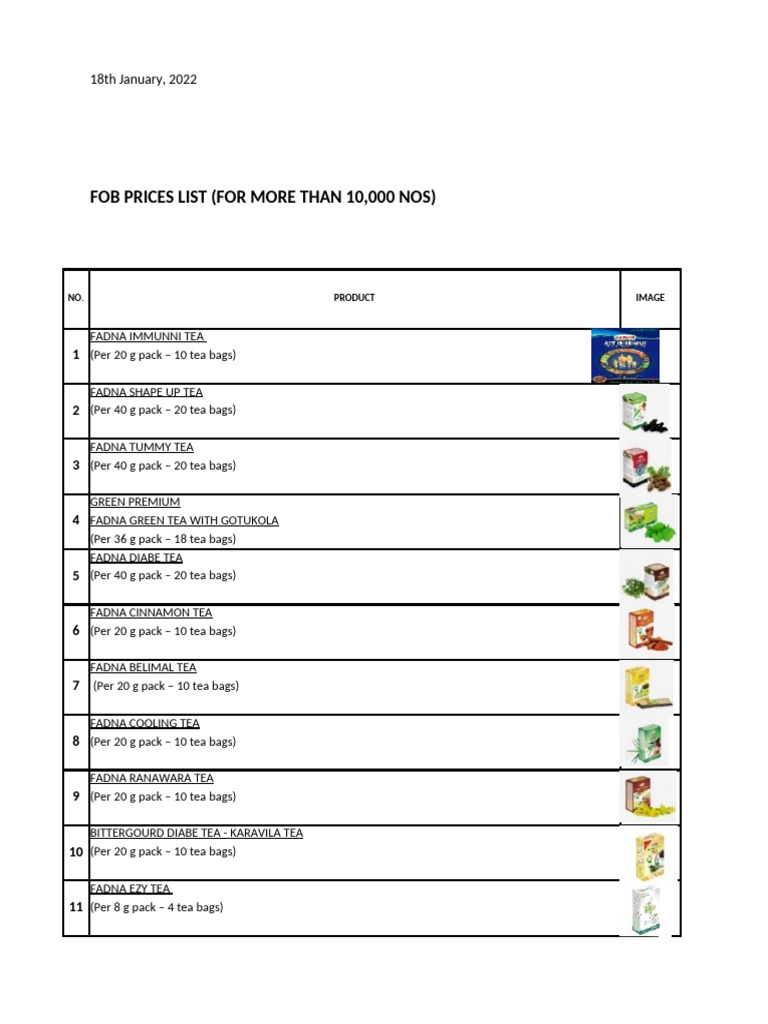FOB Price List for Tea Products | PDF | Food And Drink | Caffeinated Drinks