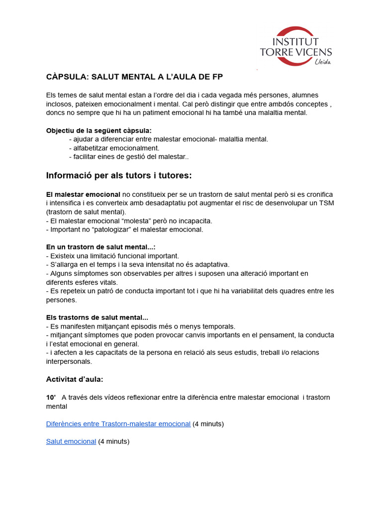 Salut Mental A L'aula D'FP | PDF