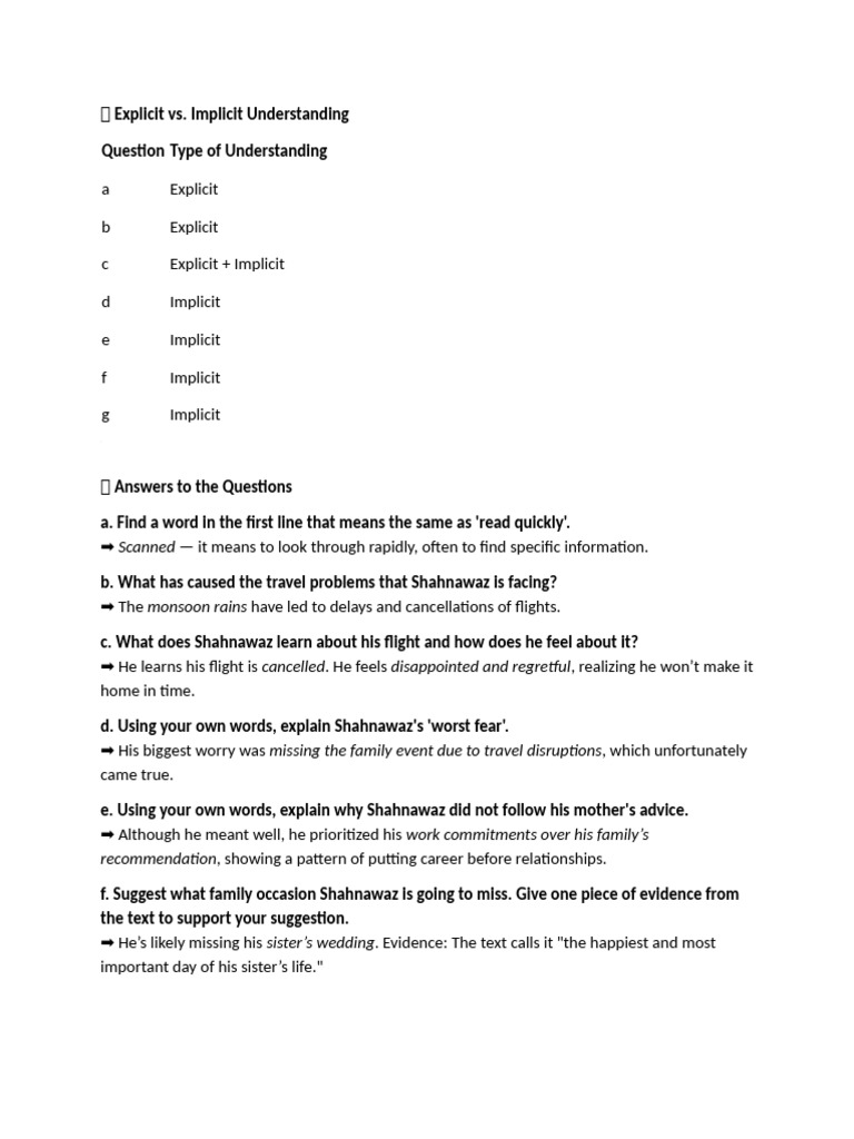 Explicit and Implicit Meaning Exercises | PDF | Emotions | Anxiety