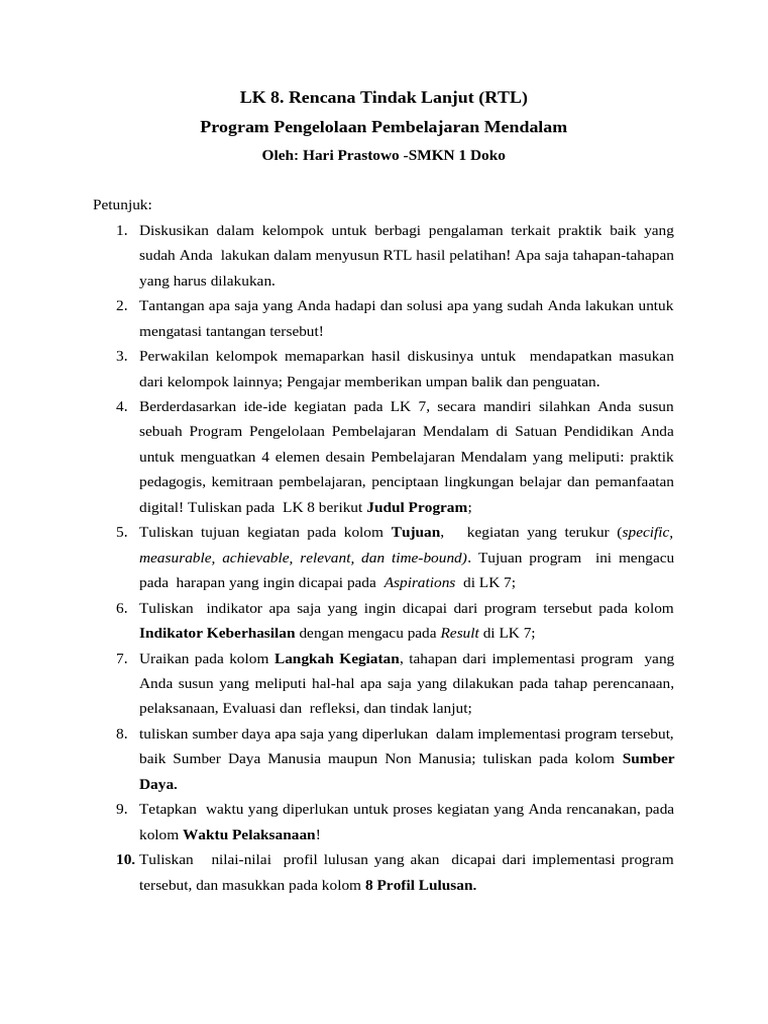 LK 8 RTL Program Pengelolaan Pembelajaran Mendalam - Hari Prastowo | PDF