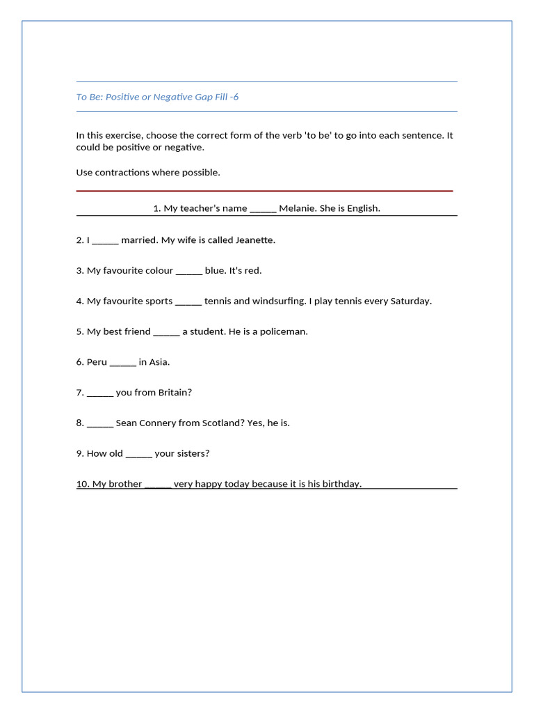 To Be Positive or Negative Gap Fill 6 | PDF