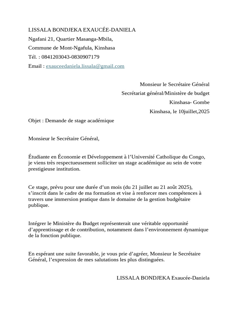 Demande de stage en économie à Kinshasa | PDF