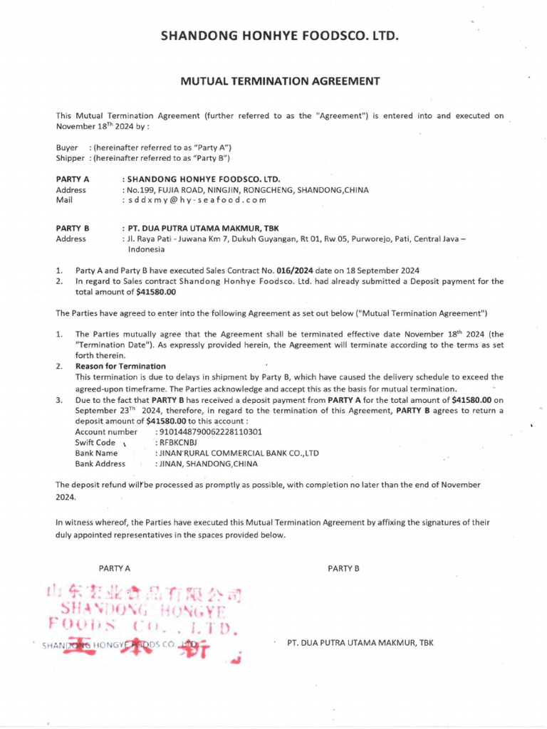Mutual Termination Agreement 016-2024 - (Unstamped 1) | PDF