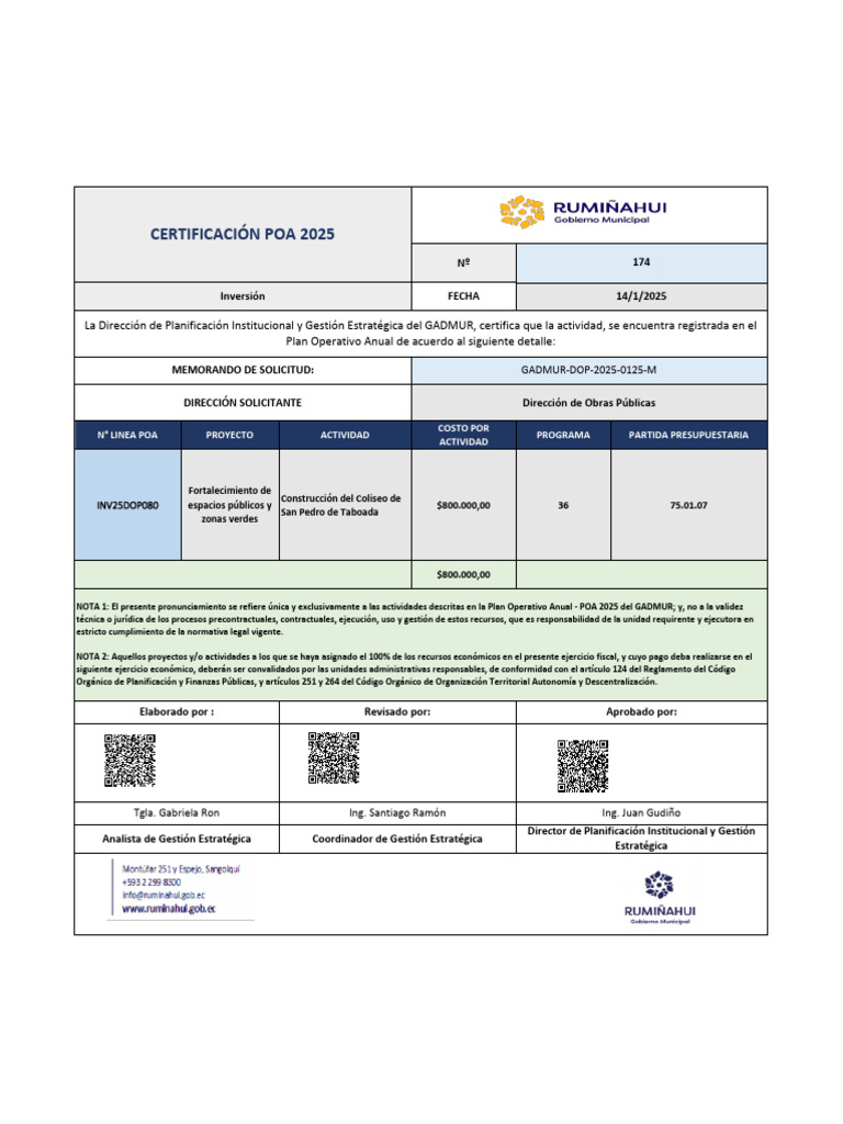 Certificación POA 2025: Coliseo San Pedro | PDF | Economias