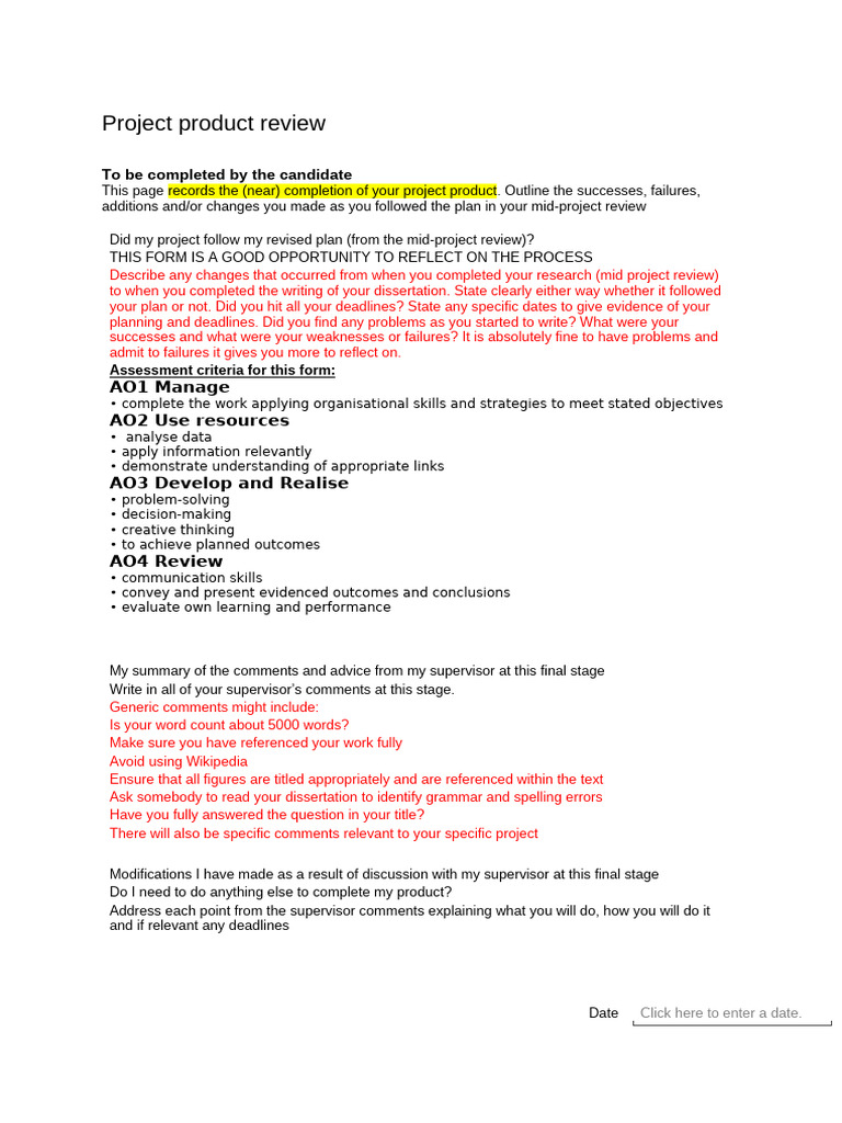 Project Product Review Reflection Guide | PDF