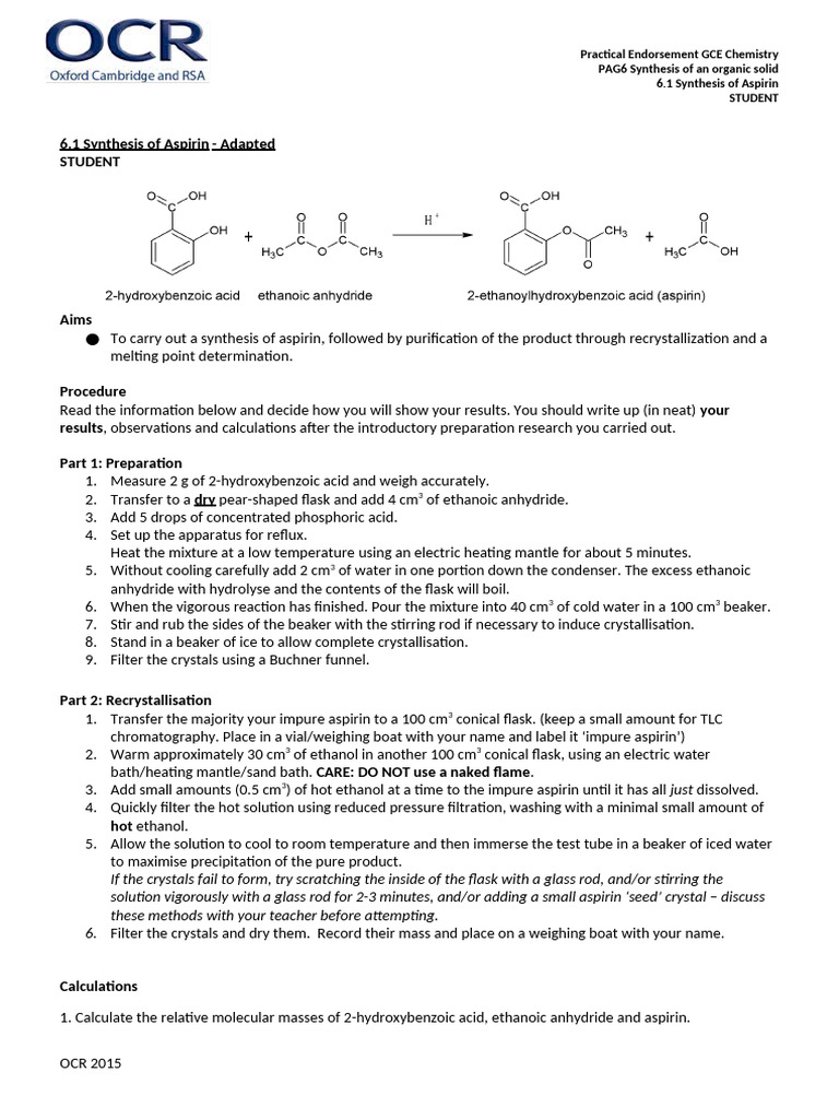 Synthesis and Analysis of Aspirin | PDF | Thin Layer Chromatography ...
