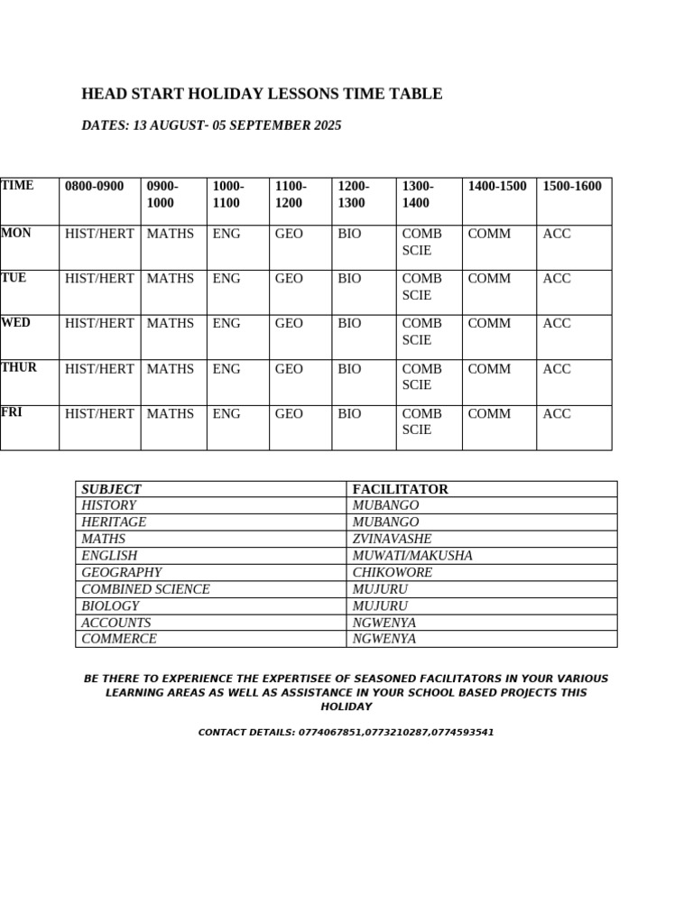 Head Start Holiday Lessons Schedule | PDF