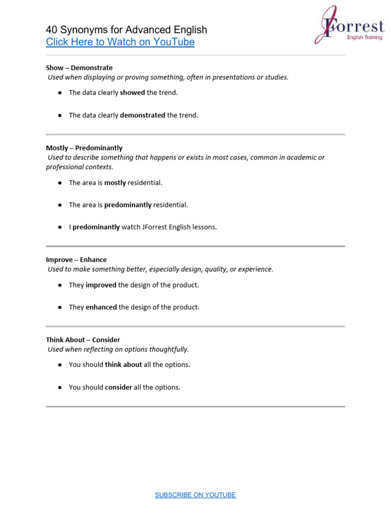 40 Synonyms For Advanced English by JForrest English | PDF | English ...