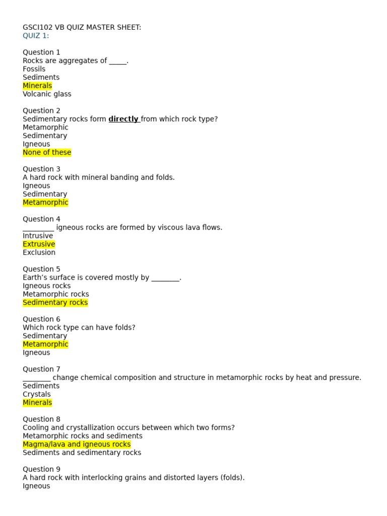 Gsci102 VB Quiz Master Sheet | PDF | Igneous Rock | Sedimentary Rock