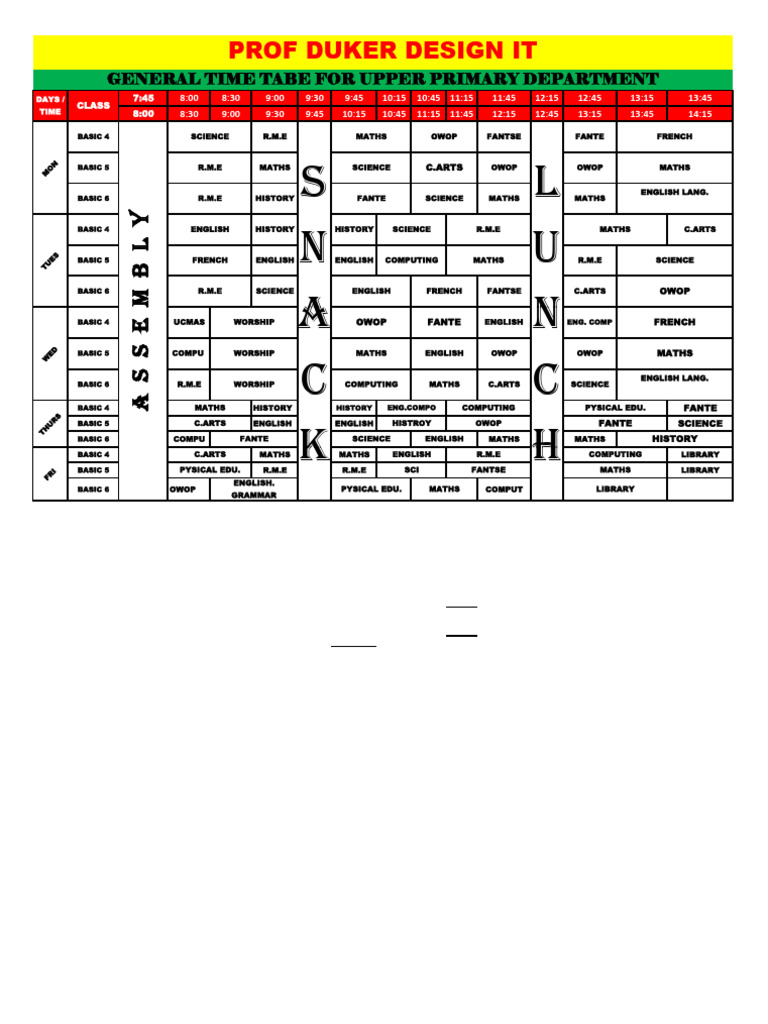 General Time Table Primry Prof Duker Event It 1 | PDF