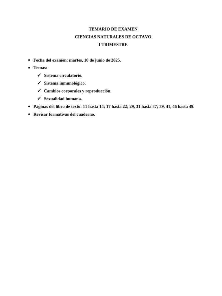 Temario de Examen Ciencias Naturales de Octavo I-T | PDF
