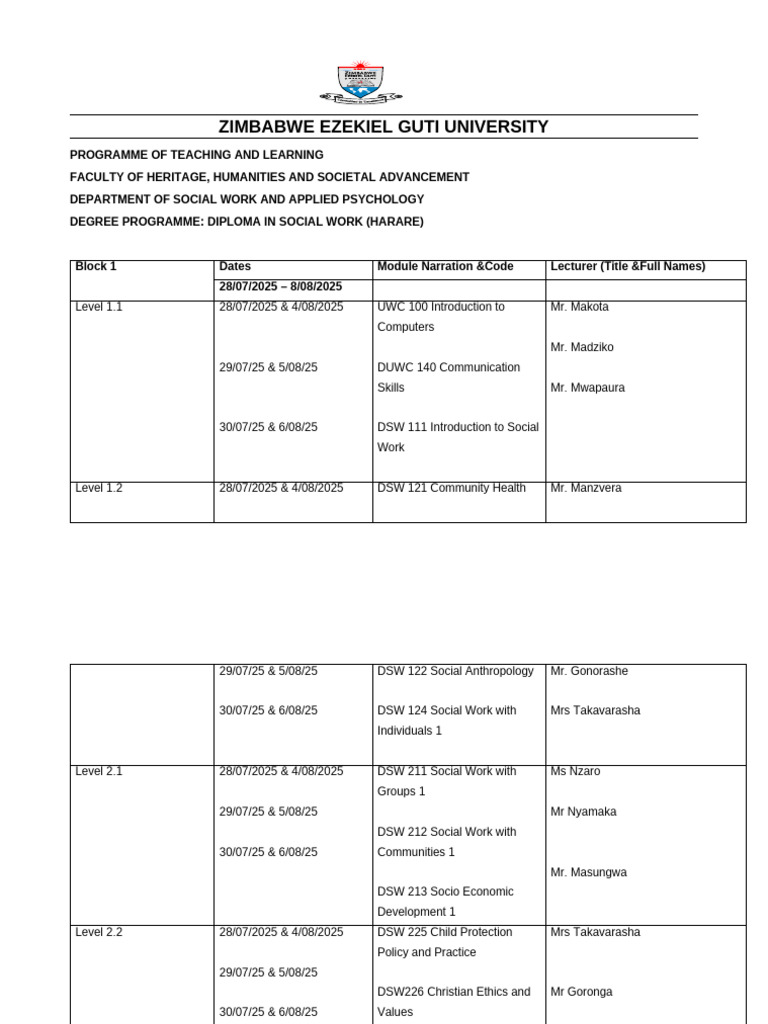 ZEGU Diploma in Social Work Schedule | PDF | Social Work | Science