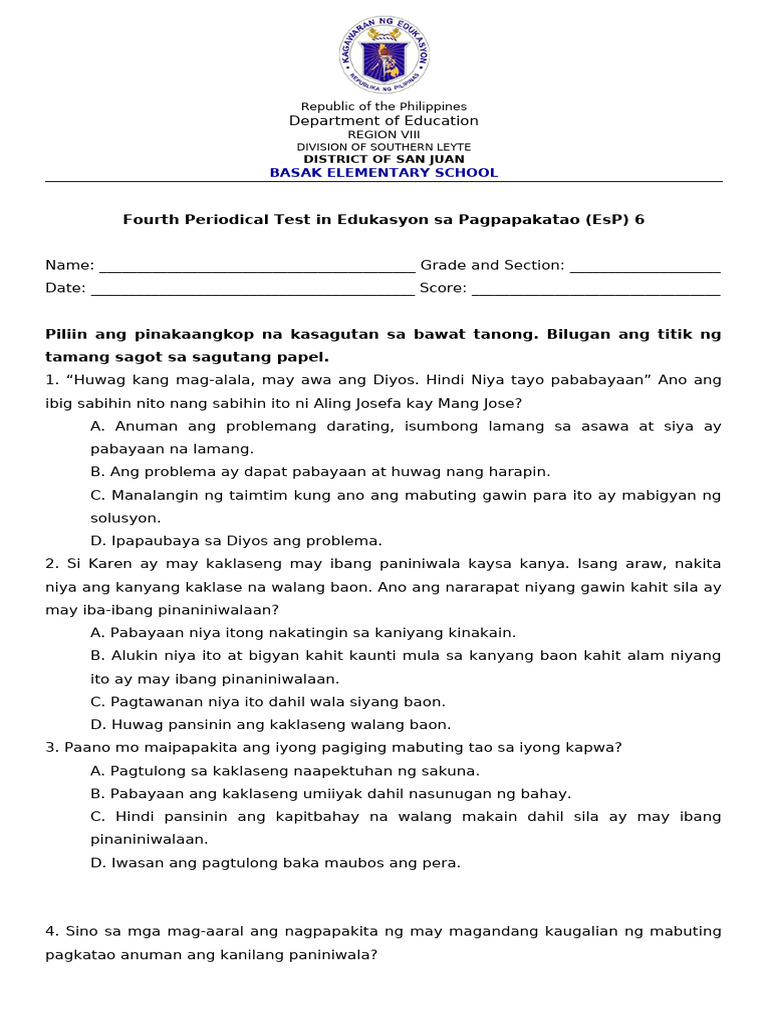 Fourth Periodical Test in EsP 6 | PDF