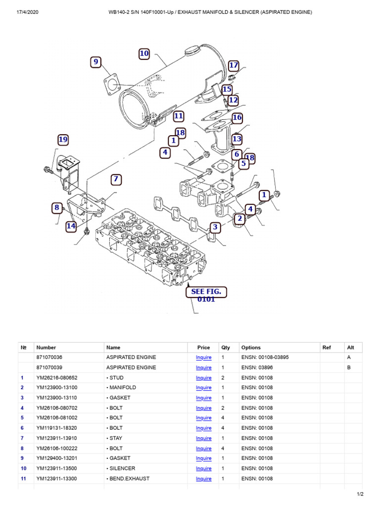 Wb140-2 S - N 140f10001-Up - Exhaust Manifold & Silencer (Aspirated Engine) | PDF | Engine ...