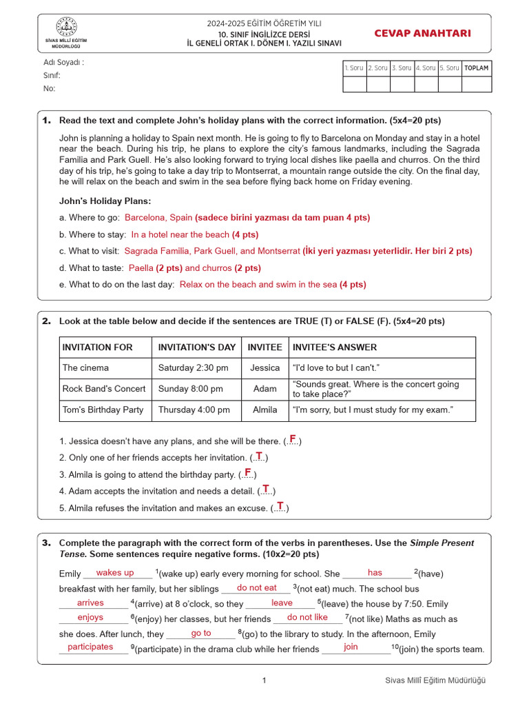 10th Grade English Answer Key | PDF