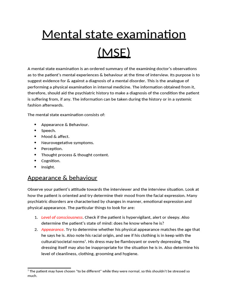 Mental State Examination (MSE) | PDF | Hallucination | Behavioural Sciences
