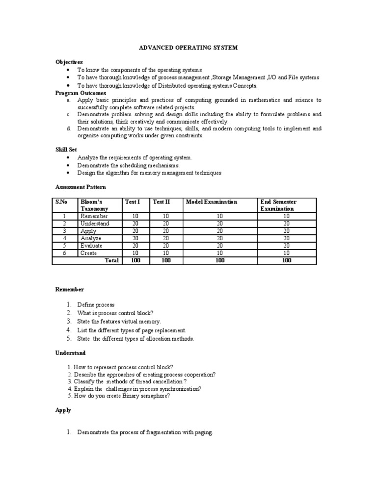 Advanced Operating System Concepts: Process Management, Memory ...