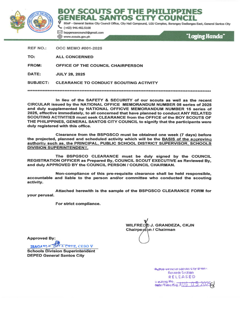 BSP Occ Memo #001-2025 - Clearance To Conduct Scouting Activity | PDF
