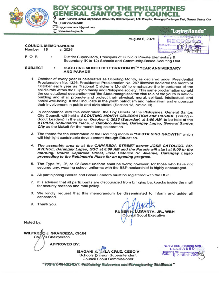 BSP Council Memo No. 16, S. 2025 - Scouting Month Celebration 89th Year ...