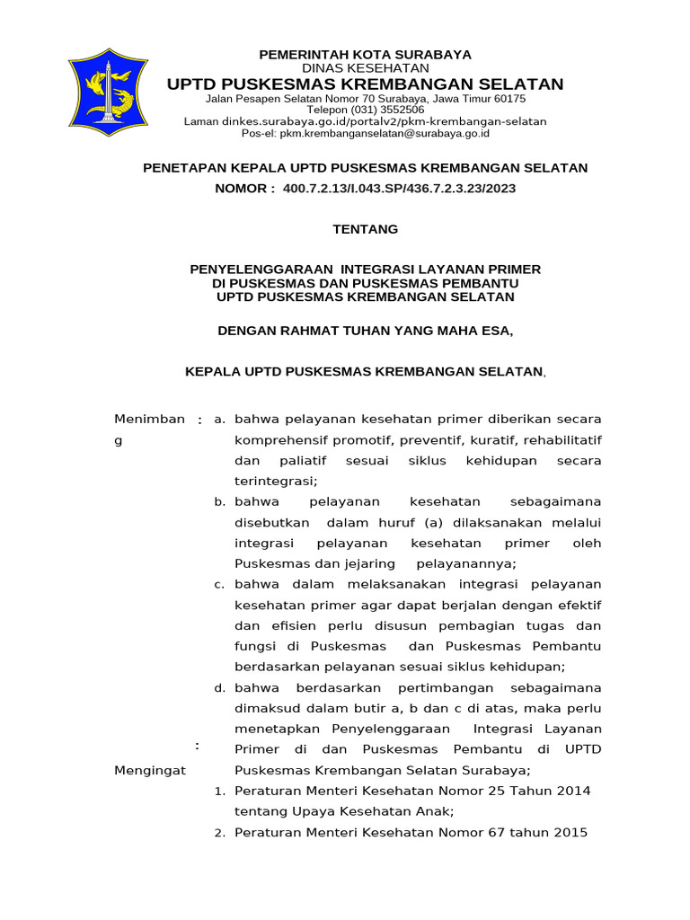 SK Penyelenggaraan Ilp Di Puskesmas Dan Pustu 2023 | PDF