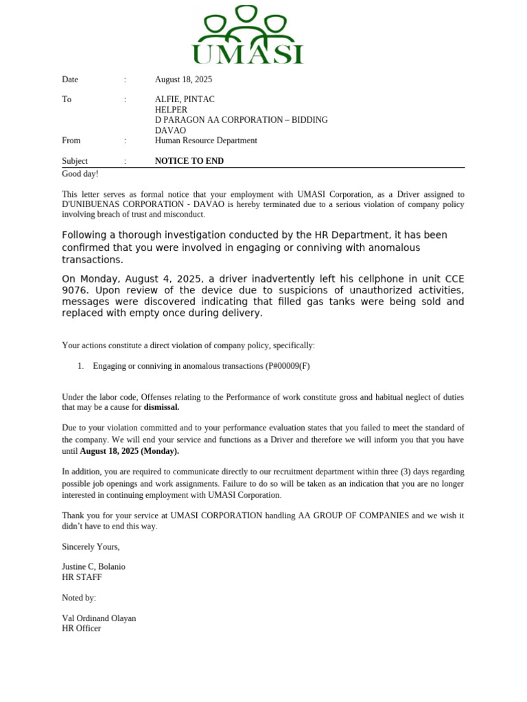 Umasi New Notice To End 2025 - J - 1 | PDF