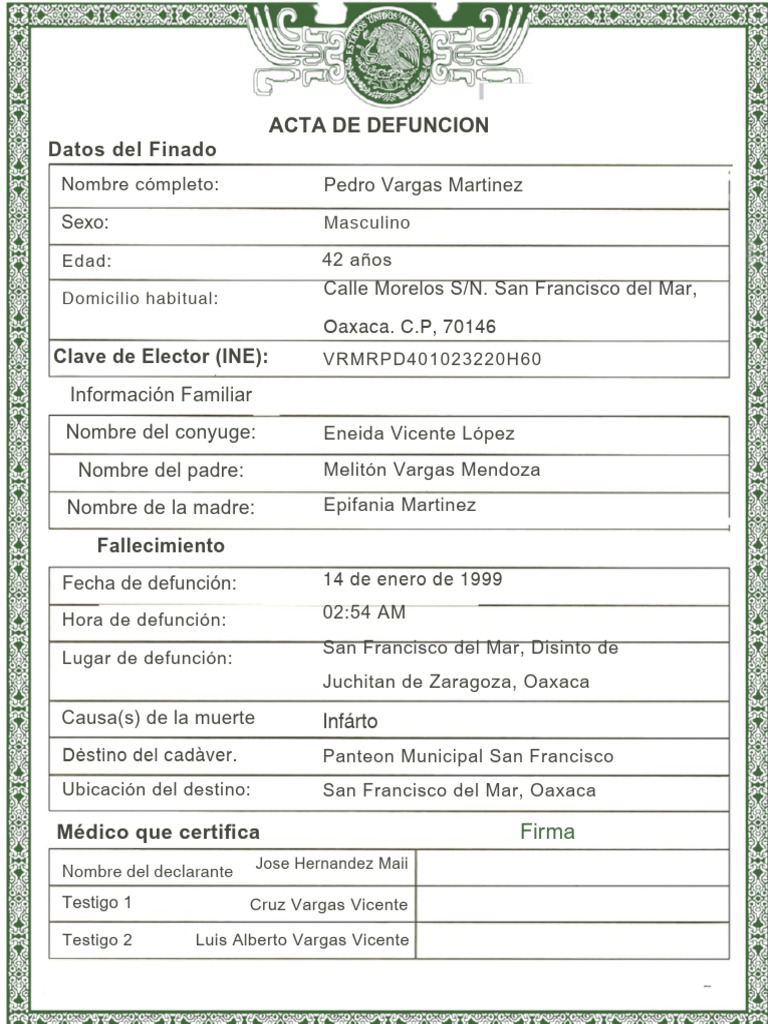 Acta de Defunción en Oaxaca | PDF
