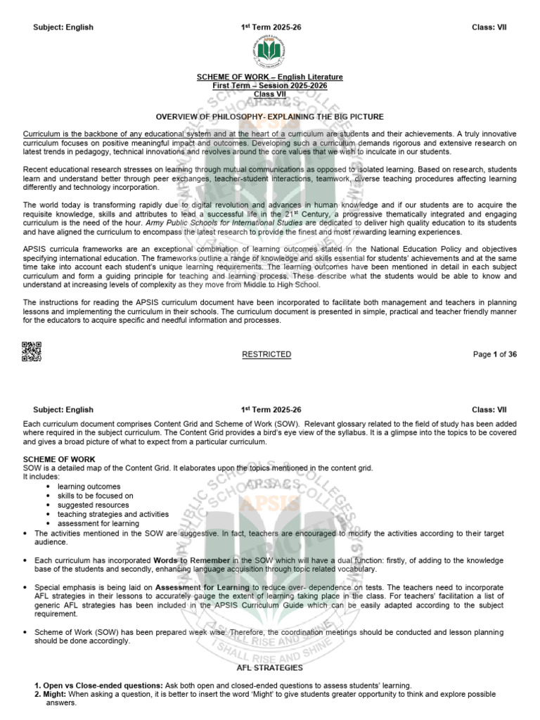 Class VII - SOW - English - 1st Term 2025-26 - Warm Region | PDF ...