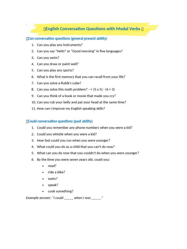 English Conversation Questions with Modal Verbs | PDF | Artificial Intelligence | Intelligence ...