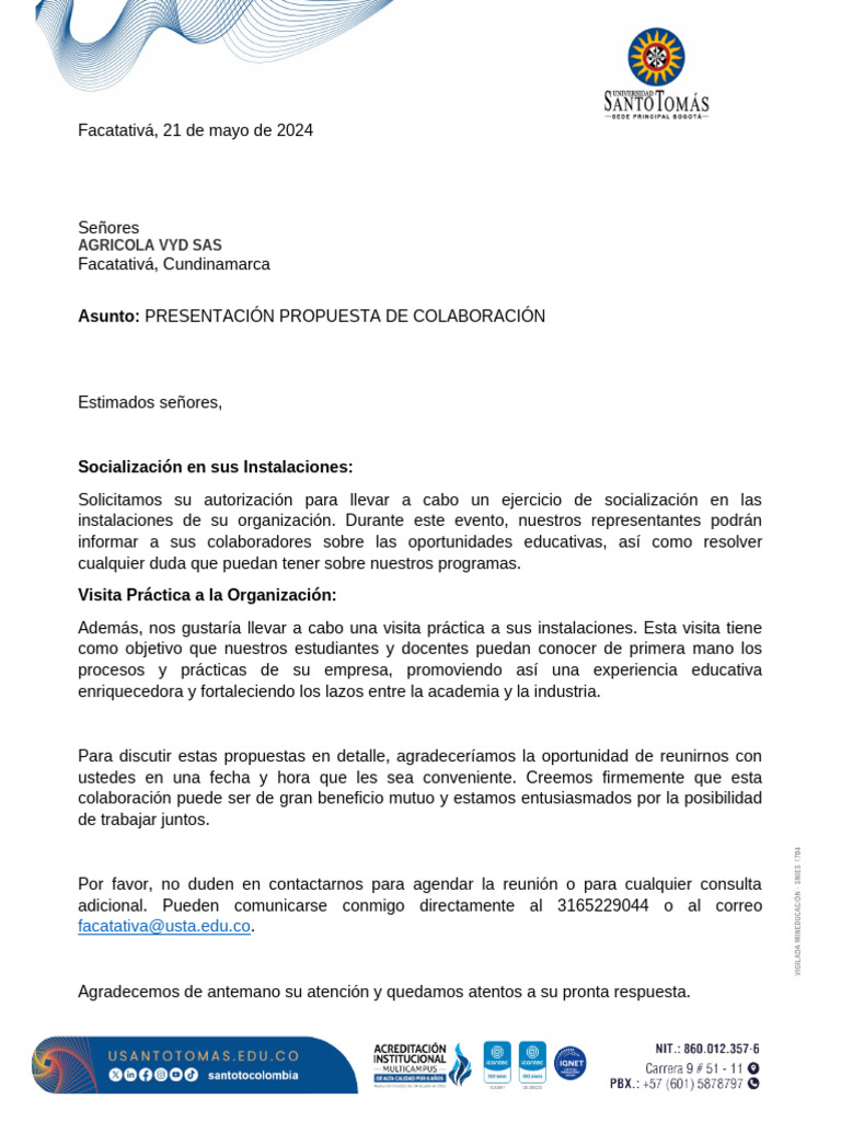 AGRICOLA VYD SAS Carta de Invitación | PDF