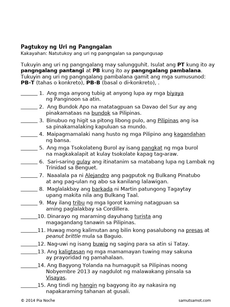 Uri NG Pangngalan Worksheet | PDF
