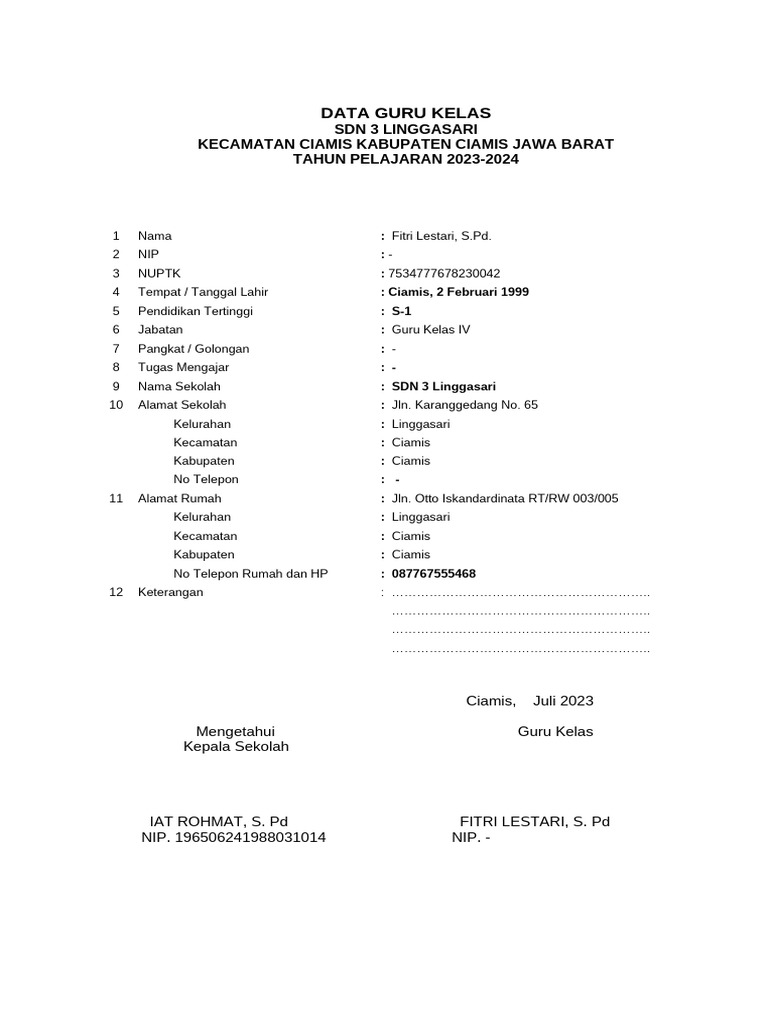 02 Biodata Guru Kelas | PDF