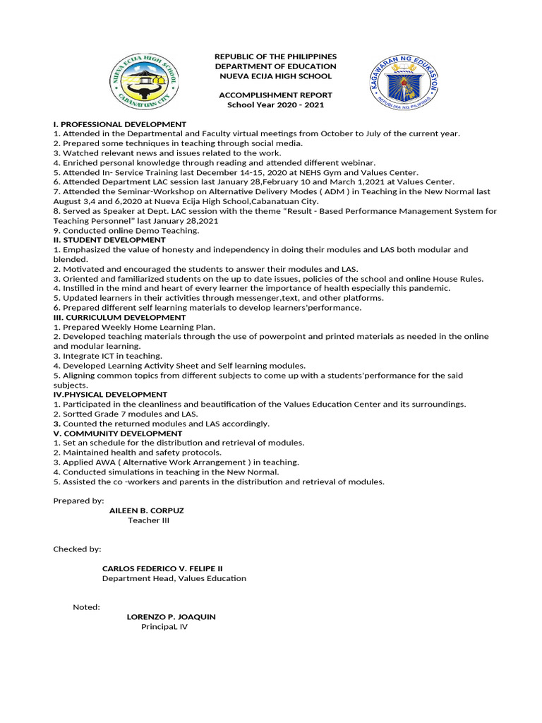 Accomplishment Report Aileen 2020-2021 | PDF | Cognition | Intelligence