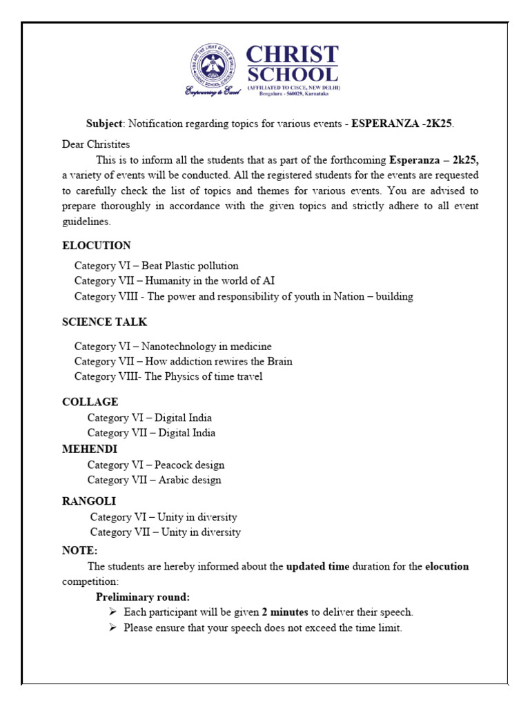 Esperanza 2k25 - Topics For Various Events-1 | PDF