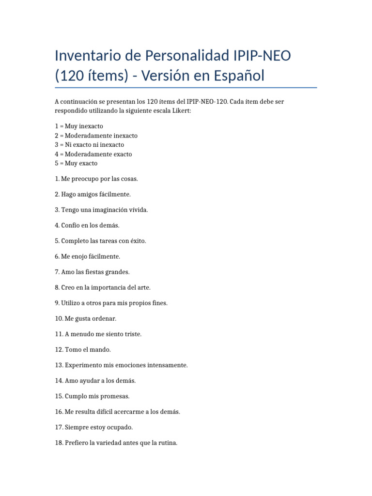 IPIP NEO 120 Items ES | PDF | Las emociones | Ciencias del comportamiento