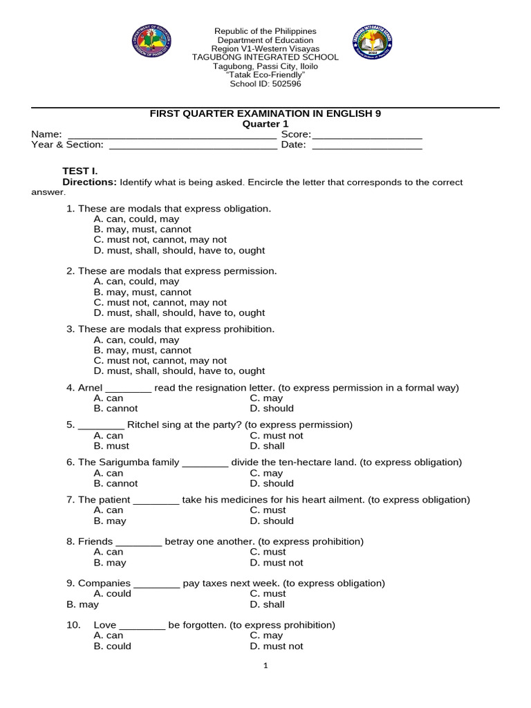 First Quarter Exam English 9 2025-2026 | PDF