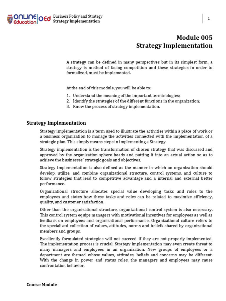 Strategy Implementation in Business Policy | PDF | Marketing | Human ...
