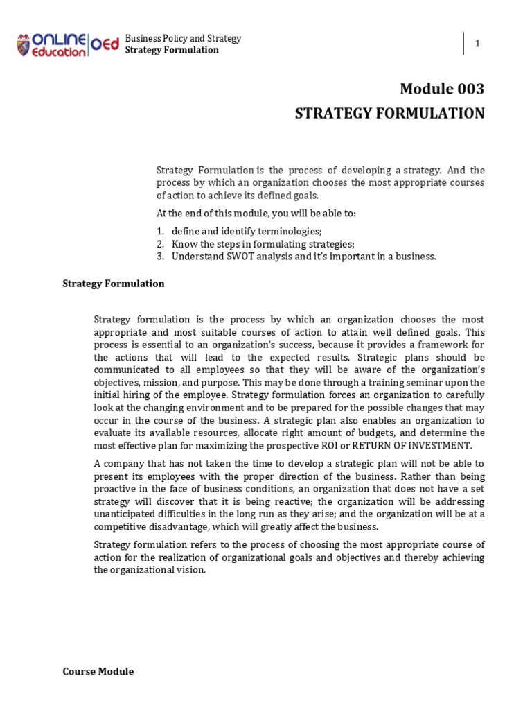 Week 3 - Strategy Formulation | PDF | Strategic Management | Swot Analysis
