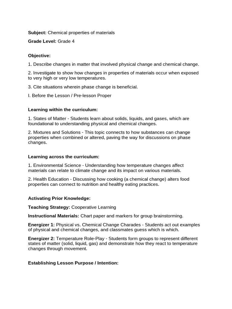 Chemical Changes in Materials for Grade 4 | PDF | Chemical Substances ...