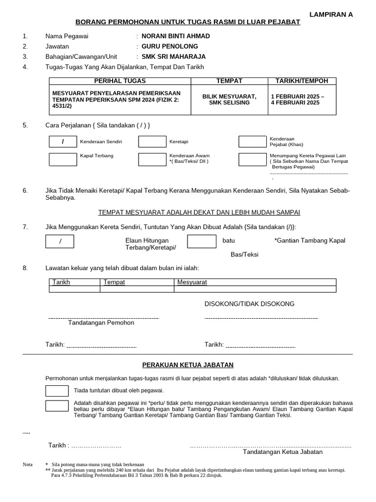 BORANG A Tugas Rasmi Luar Pej PEGAWAI | PDF