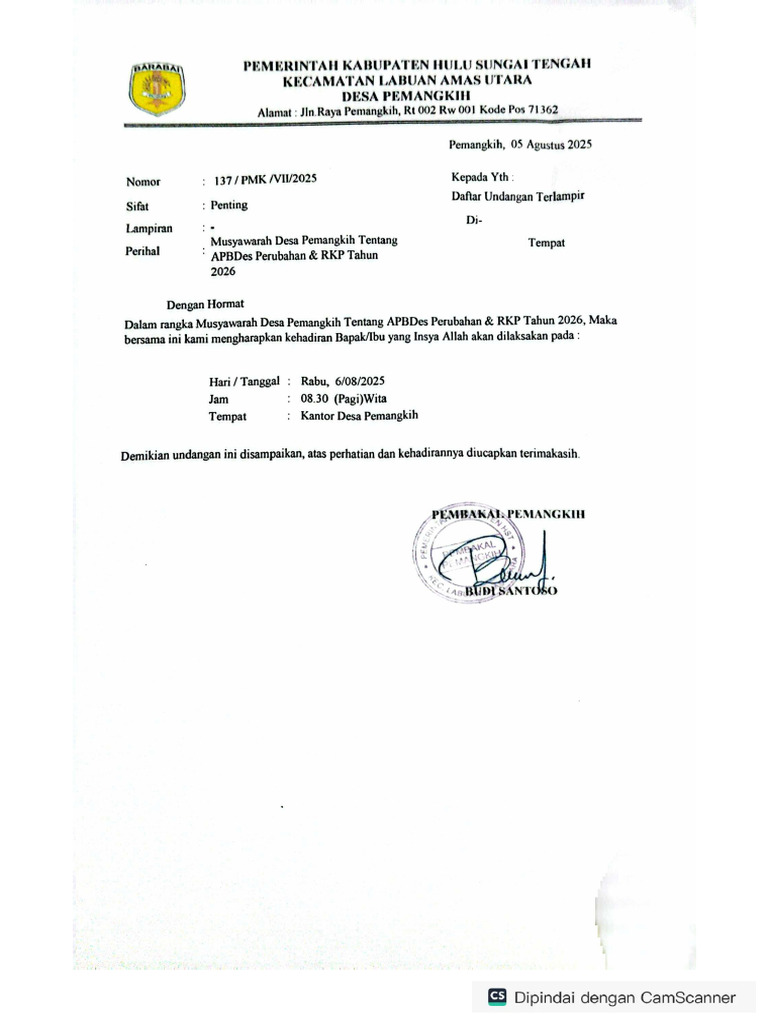 Undangan Musdes APBDes Perubahan & RKP 2026 | PDF