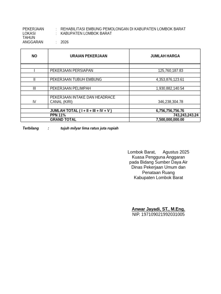 RAB Pembangunan Embung Pemolongan Di Kabupaten Lombok Barat | PDF