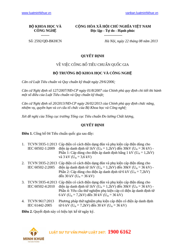 Quyet Dinh 2592 QD BKHCN Nam 2013 Cong Bo Tieu Chuan Quoc Gia Do Bo ...