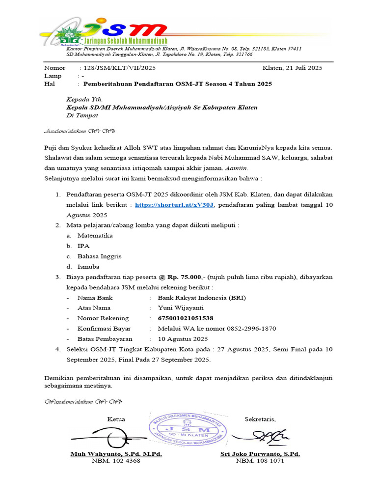 Surat Pendaftaran OSM-JT 2025 | PDF