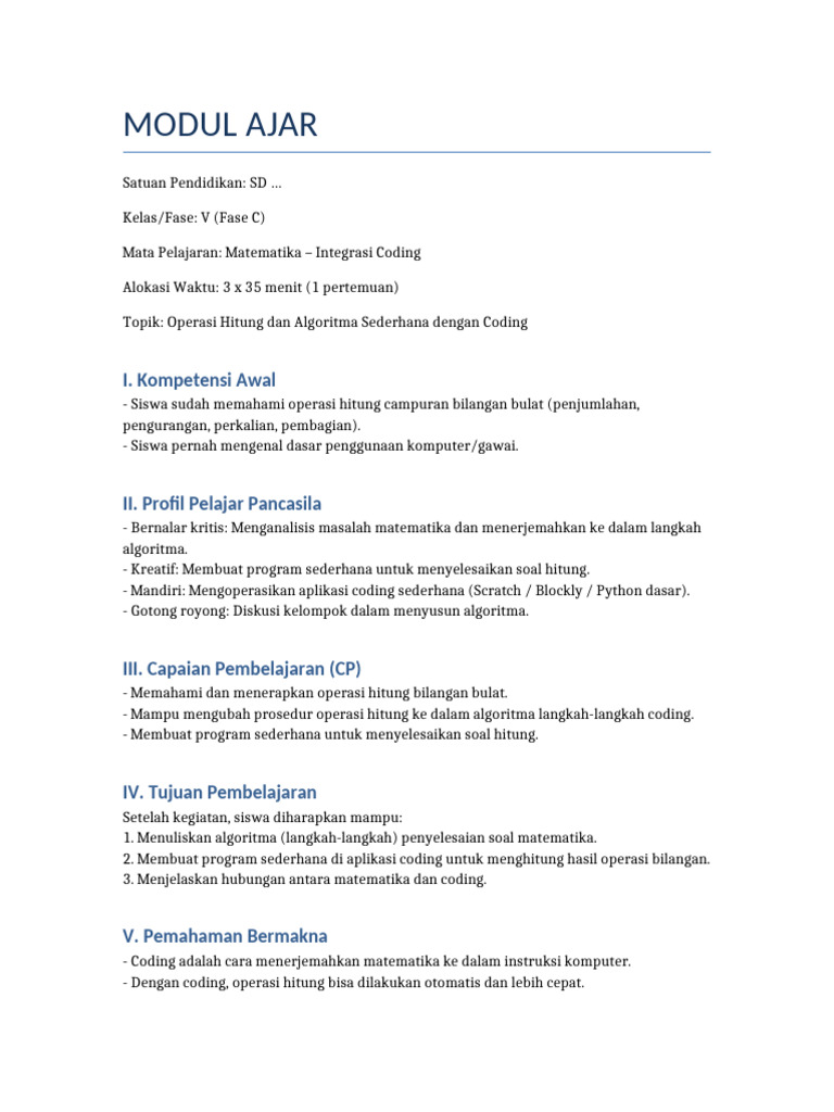 Modul Ajar Coding Matematika Kelas5 | PDF