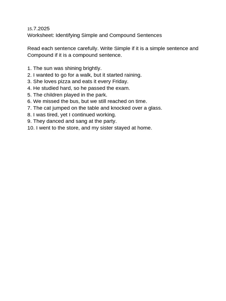 Grade 7 Worksheet - Identifying Simple and Compound Sentences | PDF